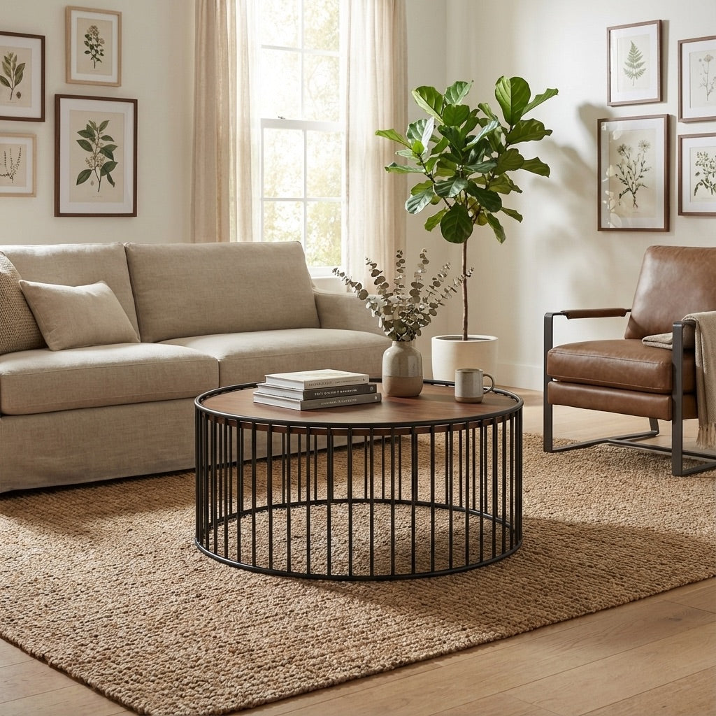 Zain Round Solid Wood Coffee Table with Cage Base – Furniture BoutiQ