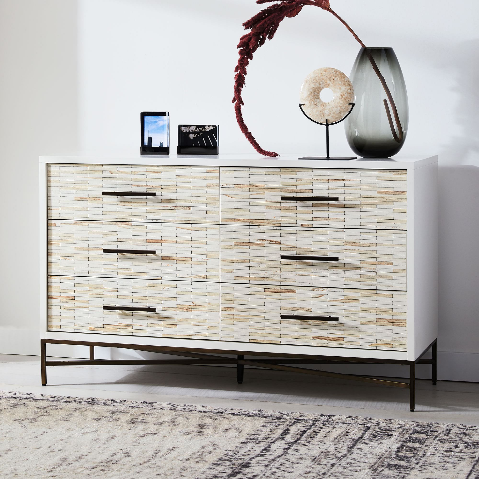 Benson Wood Tiled 6-Drawer Dresser – Solid wood, Iron Base, White ...
